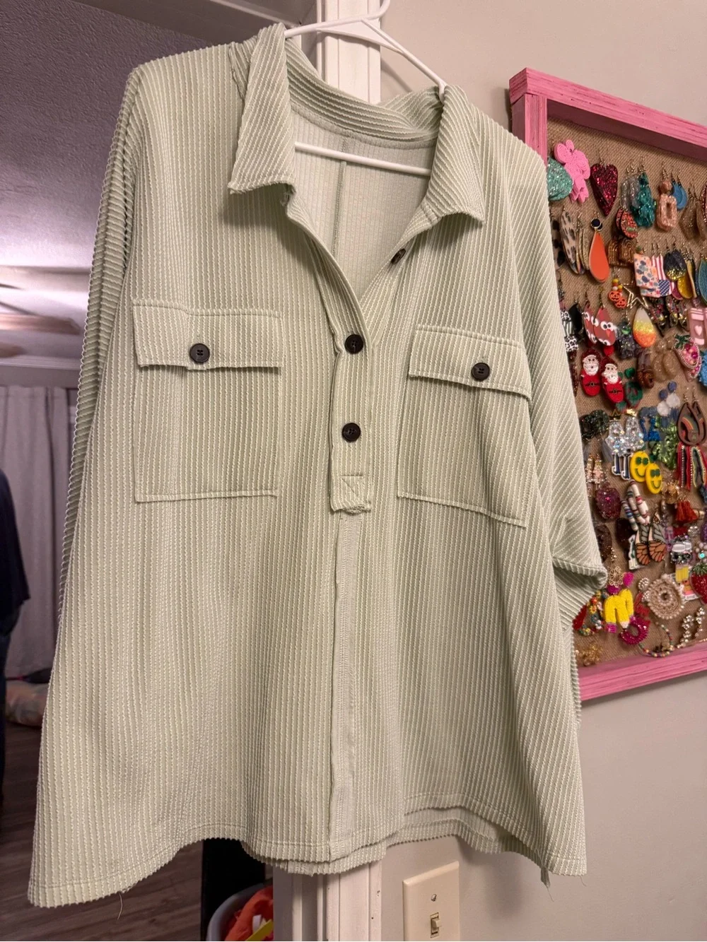 Tops | Light Sage Green Ribbed Button Front Shirt Jacket | Poshmark